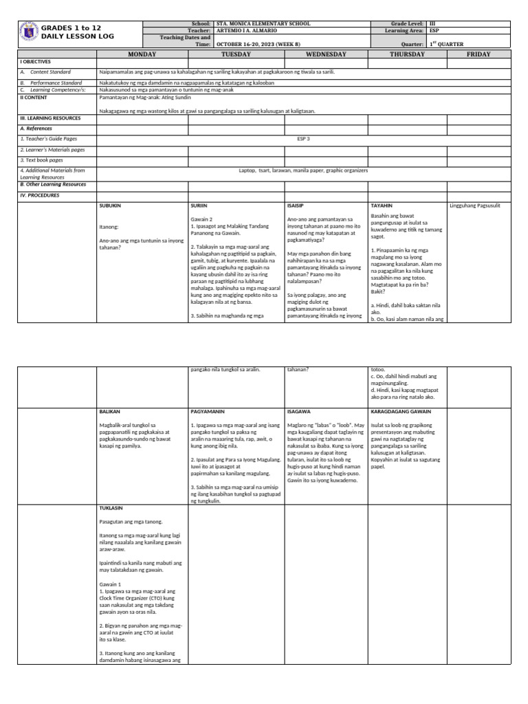 DLL Esp-3 Q1 W8 | PDF