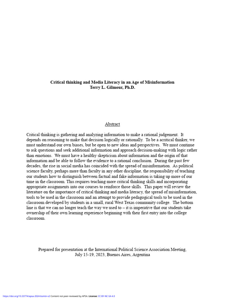 Critical Thinking and Media Literacy in An Age of Misinformation | PDF