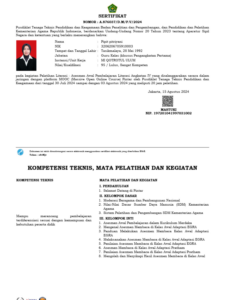 Sertifikat Pelatihan Literasi - Asesmen Awal Pembelajaran Literasi 10-09-2024 PIPIT | PDF