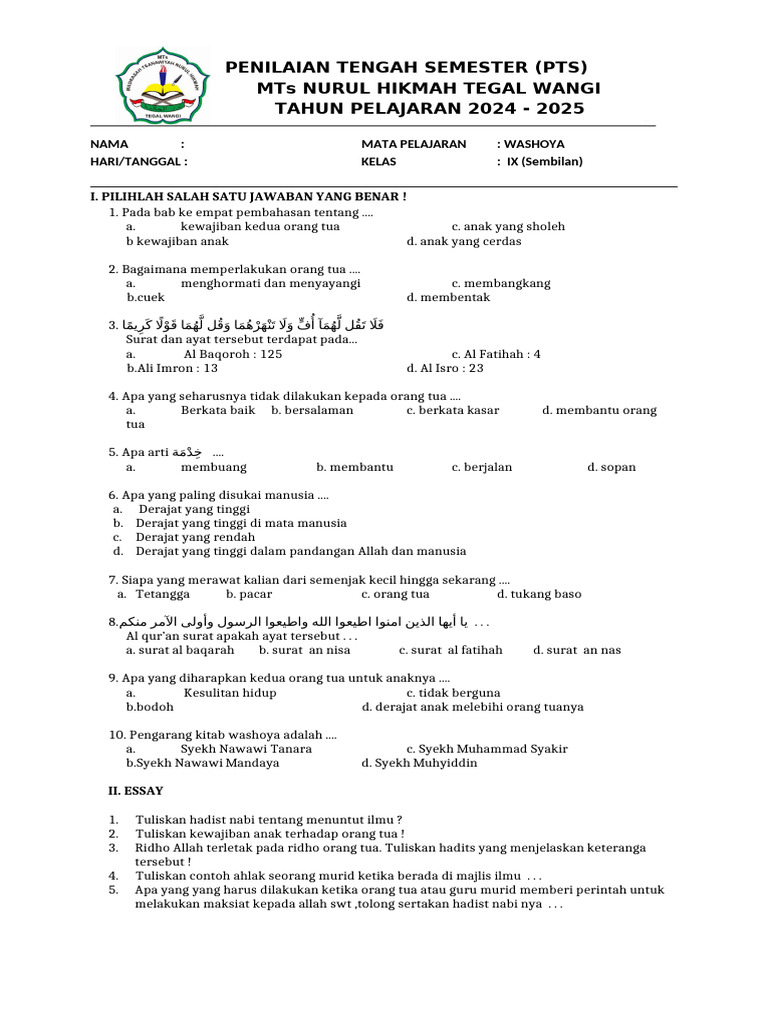 Soal Pts Ganjil WASHOYA IX 2022 | PDF