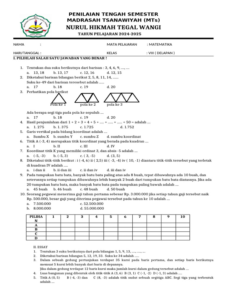Soal Pts Ganjil Matematika VIII 2022 | PDF