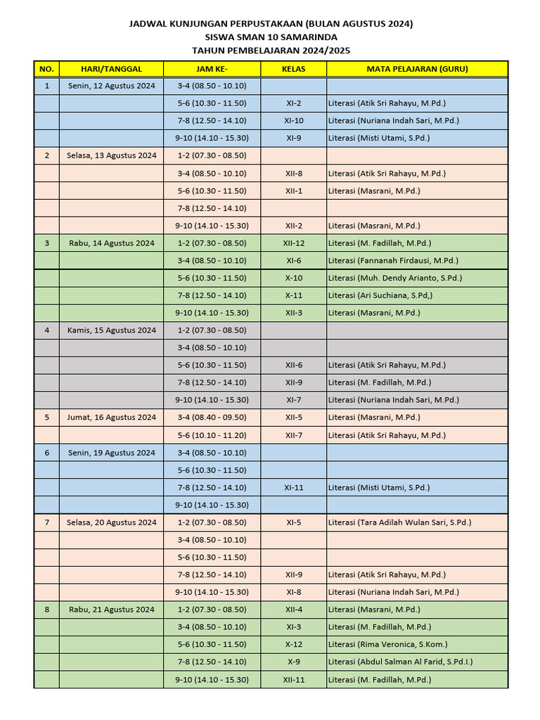Jadwal Kunjungan Perpustakaan Agt 24 | PDF
