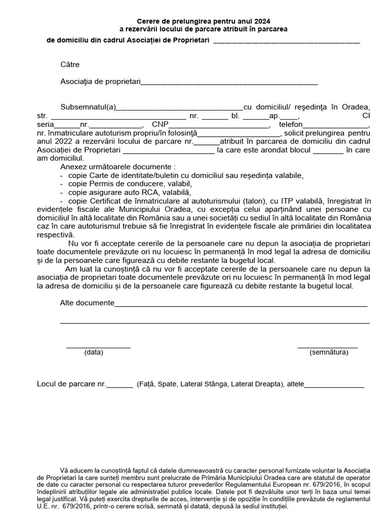 CERERE PRELUNGIRE PARCARE 2024 - Editat | PDF