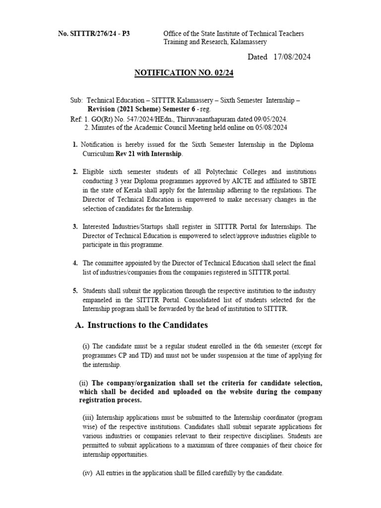 s6 Internship Notification 2024 25 | PDF