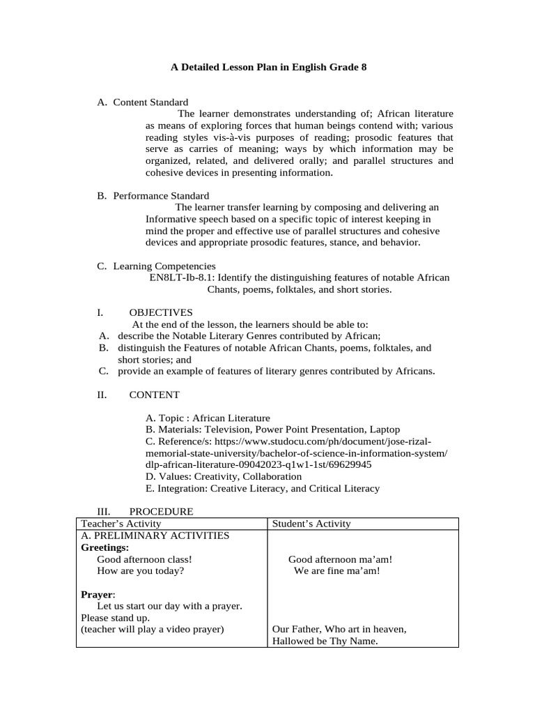 African Literature Lesson Plan | PDF