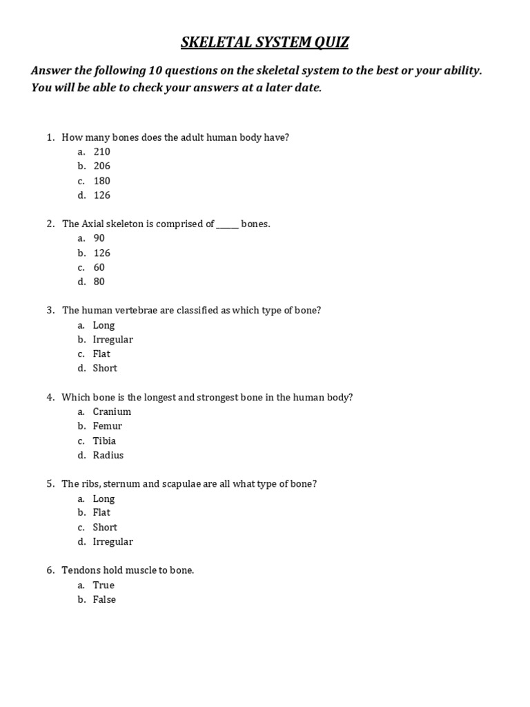 SKeletal System Quiz | PDF