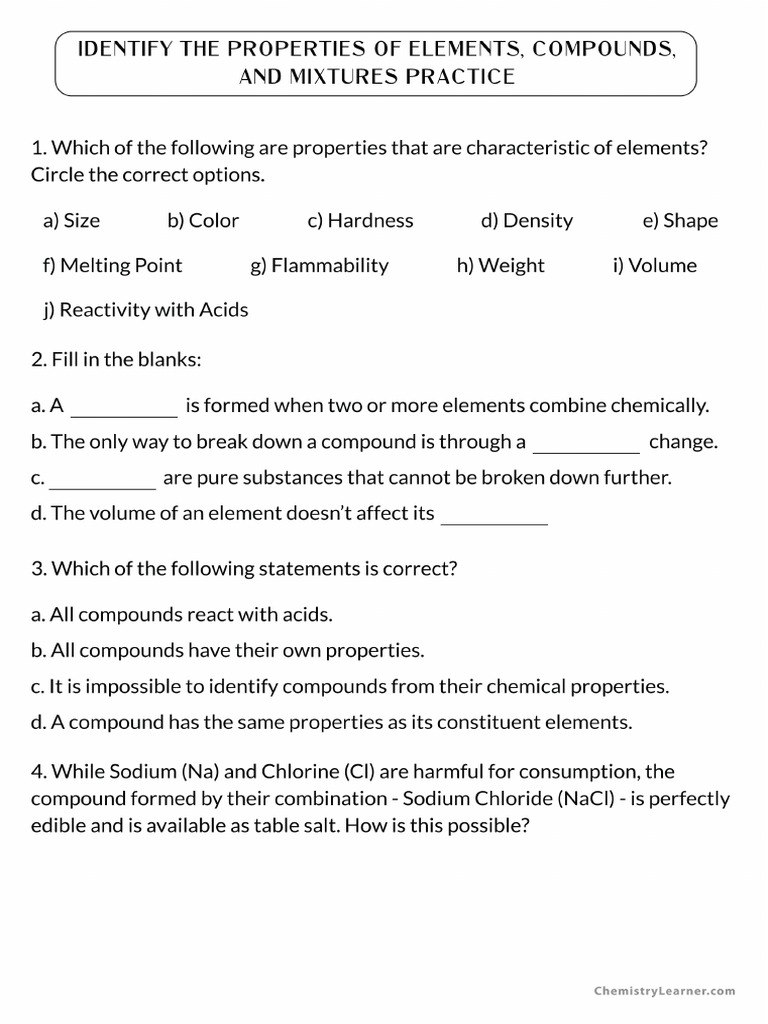 Properties of Elements Compounds and Mixtures Worksheet With Answers | PDF