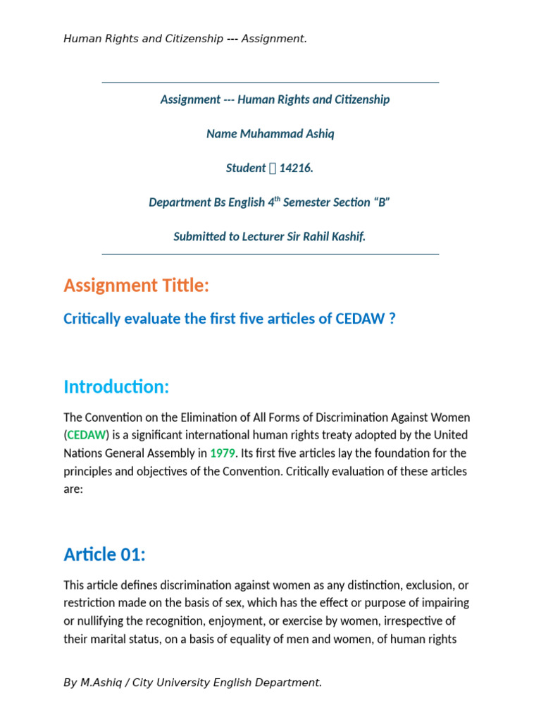 Critically Evaluate The First Five Articles of CEDAW | PDF | Convention ...
