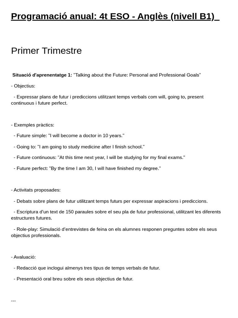 Programació Anual 4t ESO - Anglès (Nivell B1) | PDF