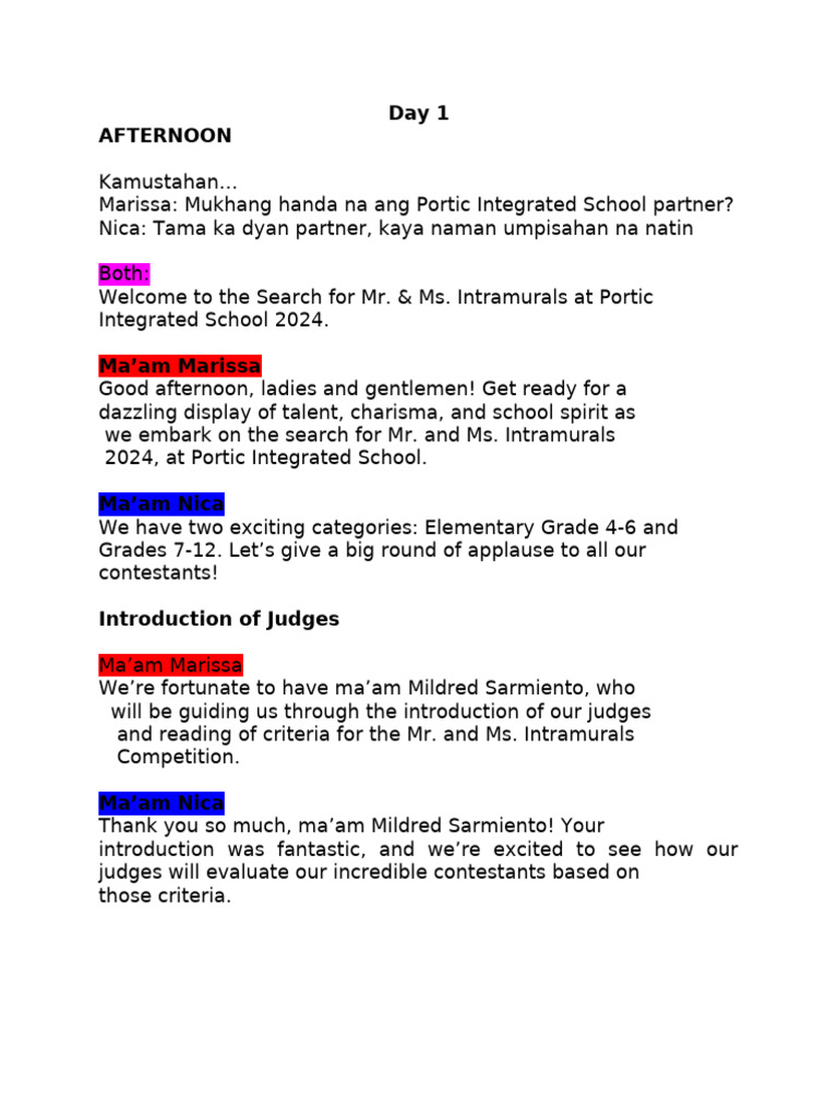 Intrams Script Day 1 MR & Ms. Intrams | PDF