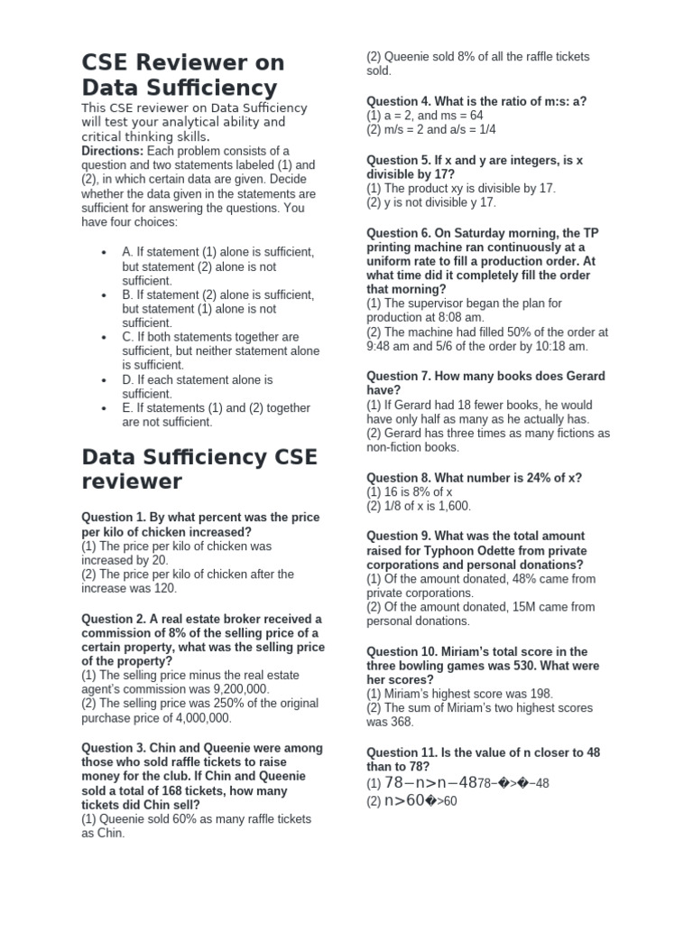 CSE Reviewer On Data Sufficiency | PDF