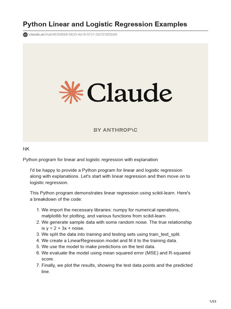 Claude - Ai-Python Linear and Logistic Regression Examples | PDF