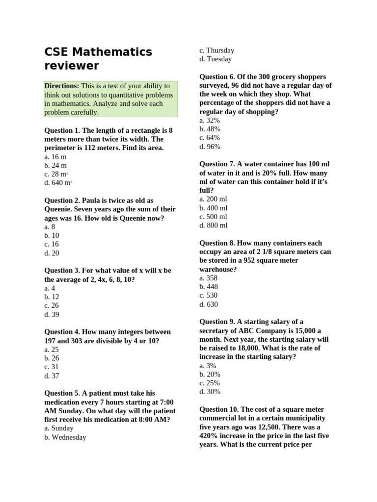 CSE Mathematics Reviewer | PDF