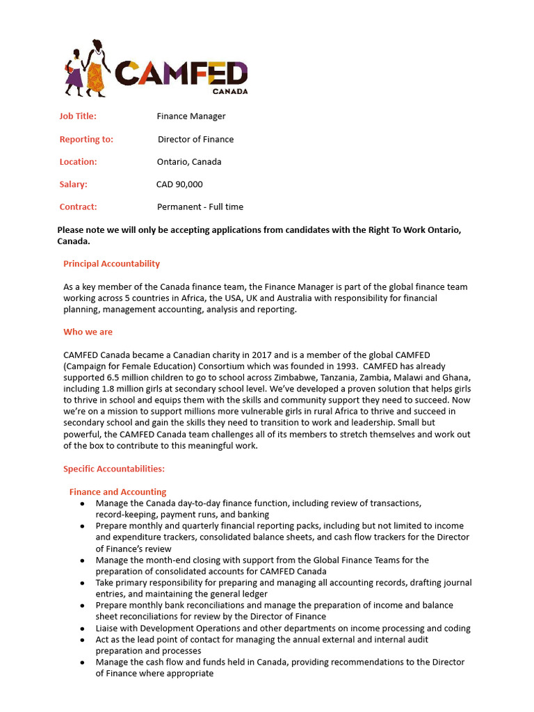Finance Manager Role at CAMFED | PDF | Budget | Business