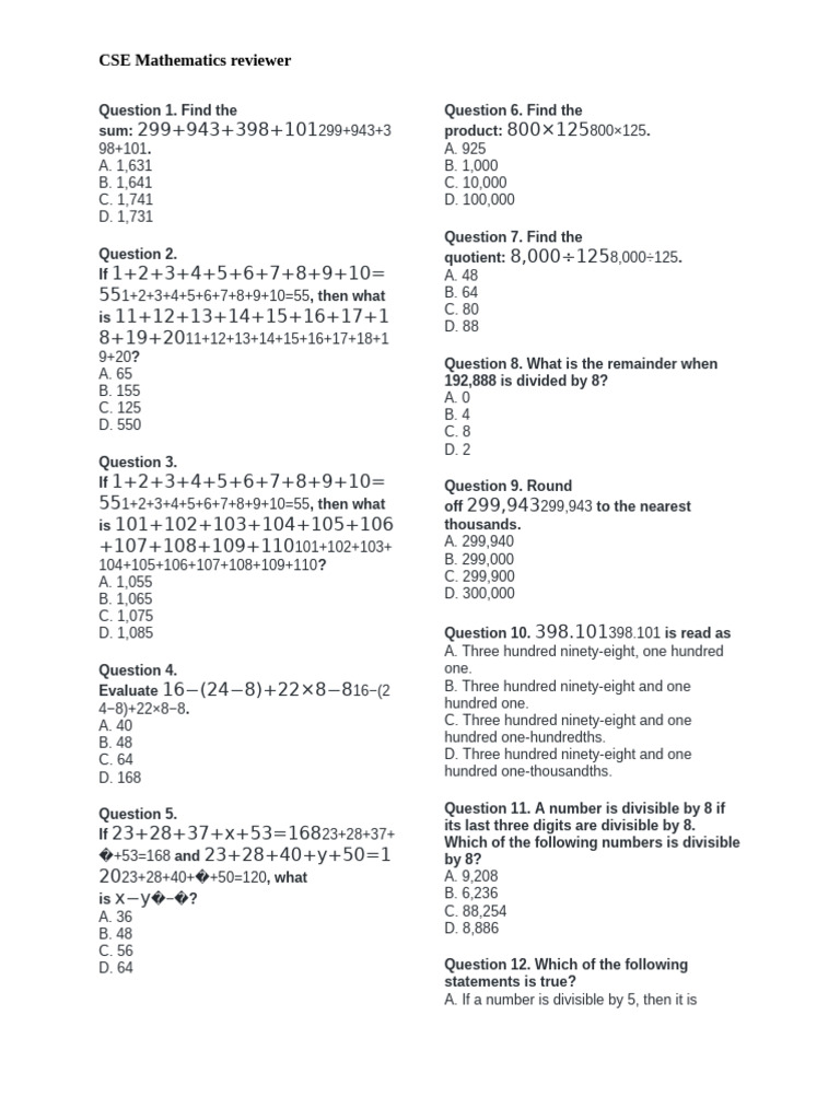 CSE Mathematics Reviewer Part 2 | PDF