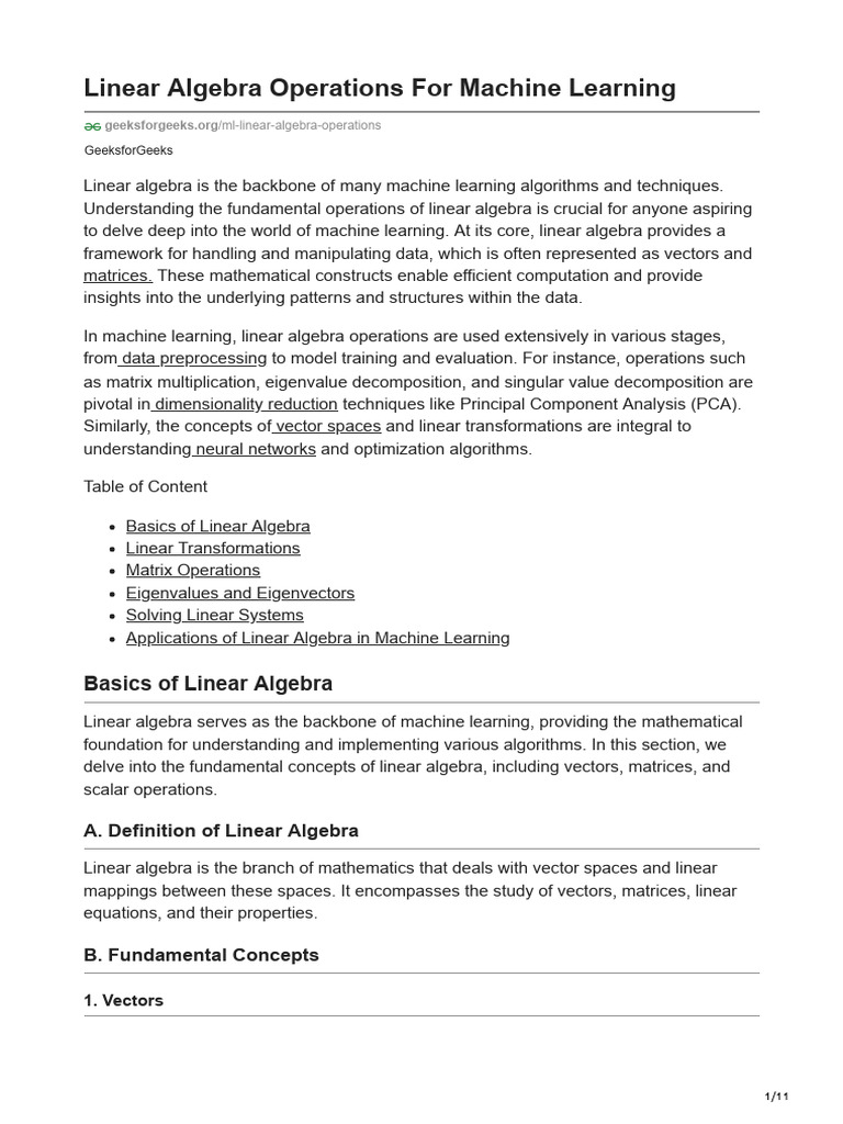 Linear Algebra Operations For Machine Learning | PDF