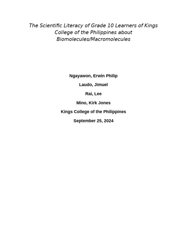 The Scientific Literacy of Grade 10 Learners of Kings College of The Philippines About ...