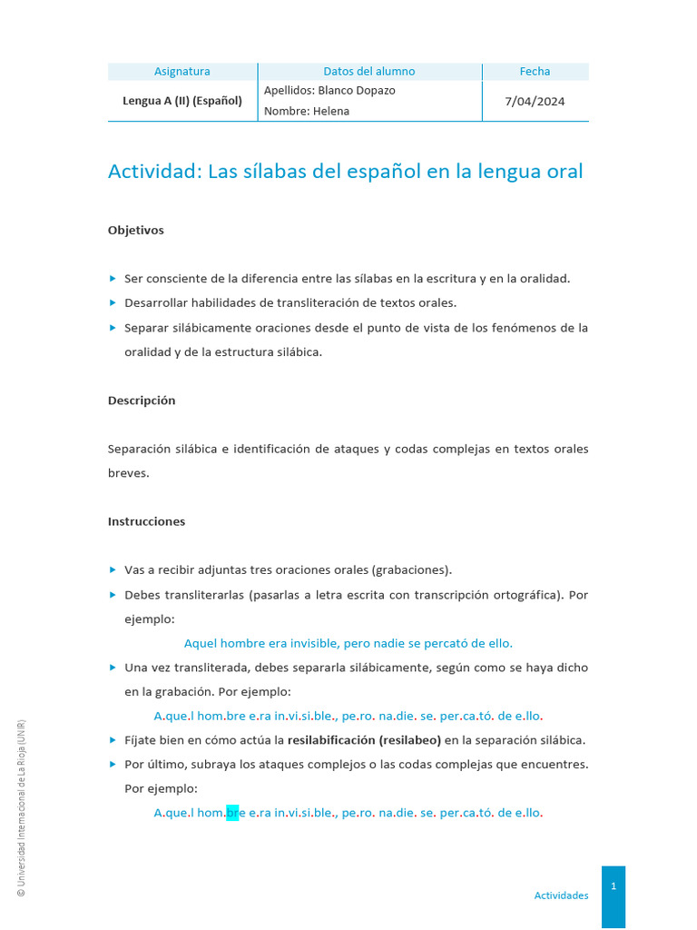 Separación Silábica en Español Oral | PDF | Sílaba | Fonética