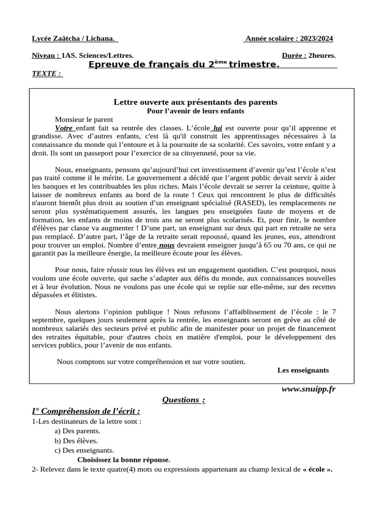 Lettre ouverte aux parents d'élèves | PDF