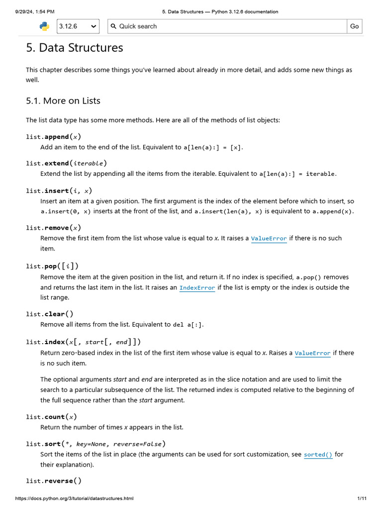 Data Structures - Python 3.12.6 Documentation | PDF