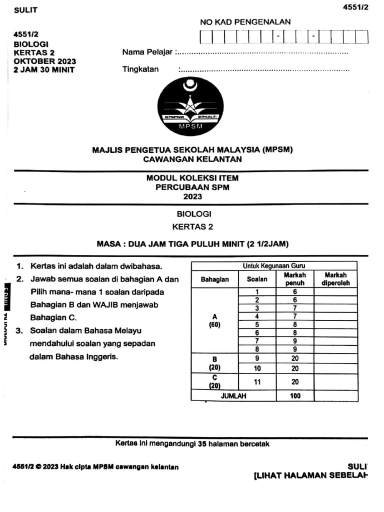 Bio P2 Trial Kelantan 2023 | PDF