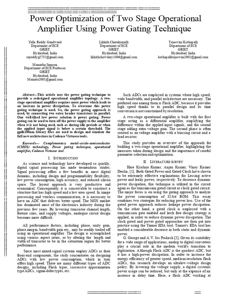 Power Optimization Of Two Stage Operational Amplifier Using Power Gating Technique Pdf