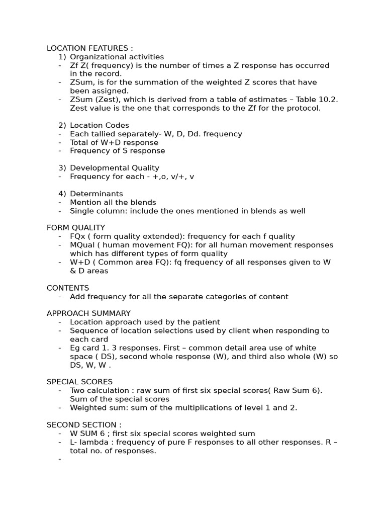Rorschach Notes Scoring | PDF | Summation