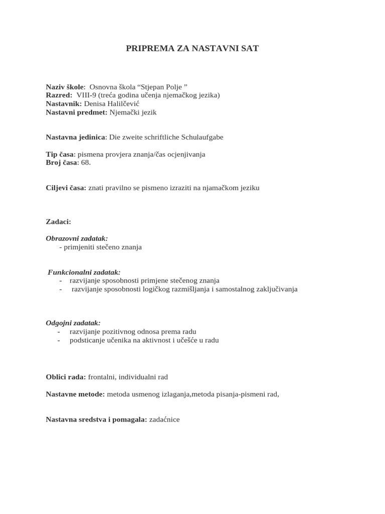 PRIPREMA ZA NASTAVNI SAT - Die 2. Schriftliche Schulaufgabe | PDF