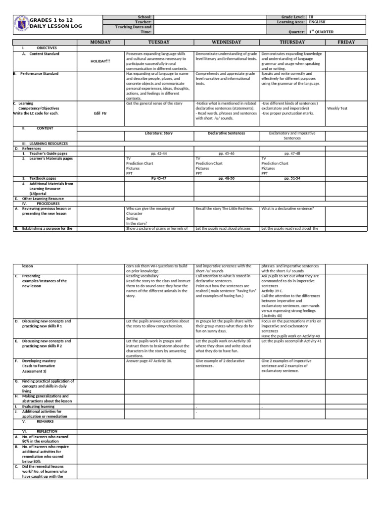 DLL - English 3 - Q1 - W4 | PDF