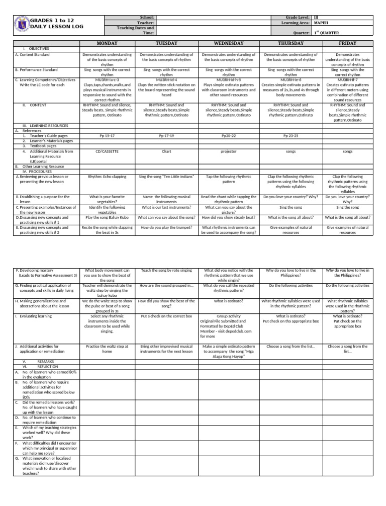 DLL - Mapeh 3 - Q1 - W5 | PDF