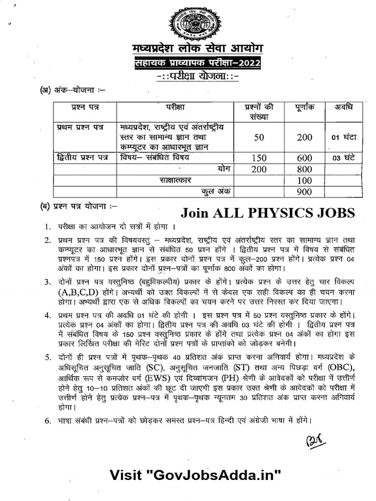 MPPSC Physics Assistant Professor Vacancy | PDF