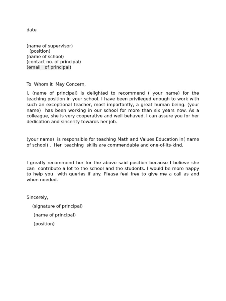 Principal Recommendation Letter Format | PDF