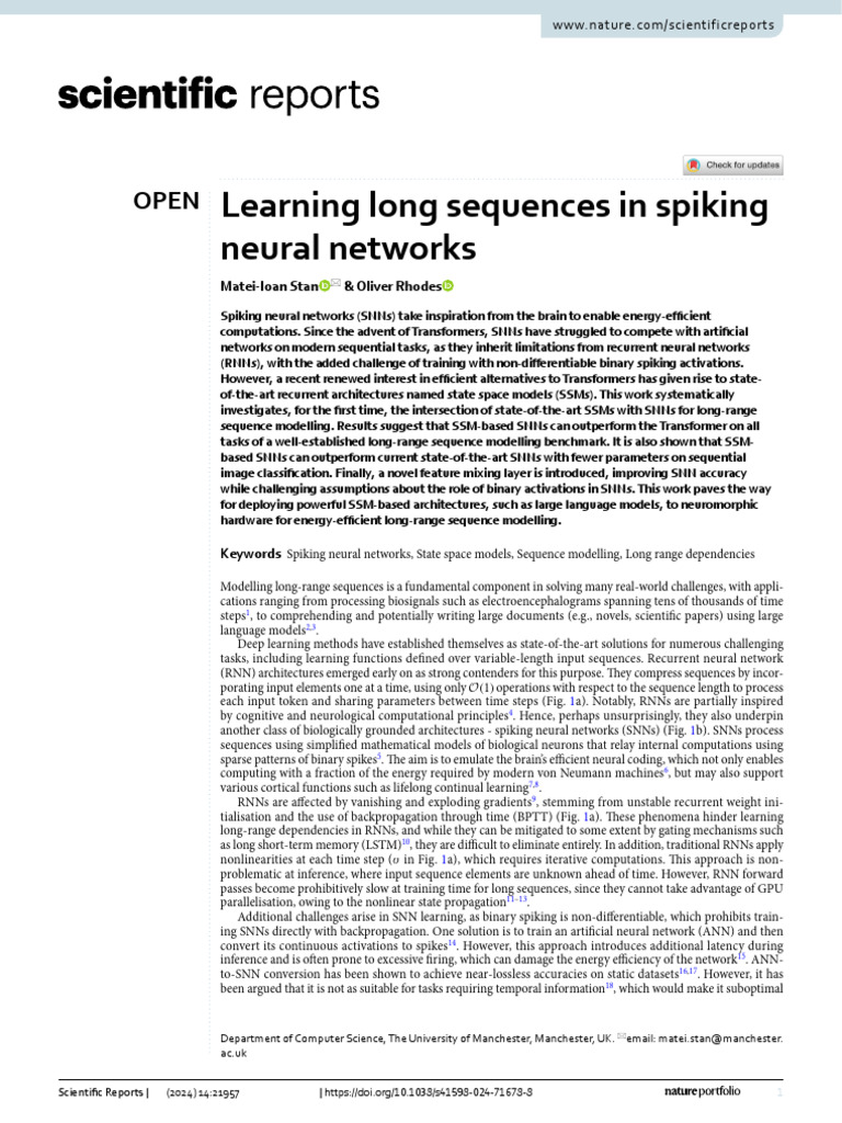 Learning Long Sequences in Spiking Neural Networks: Matei Ioan Stan & Oliver Rhodes | PDF
