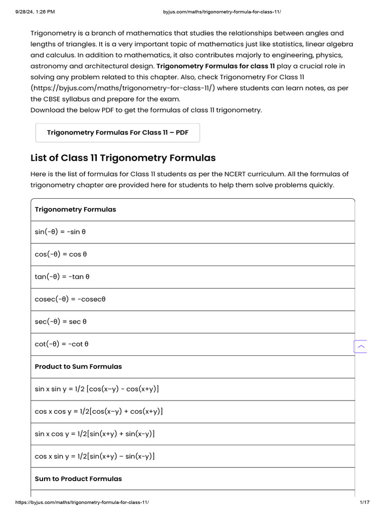 Maths - Trigonometry Formula For Class 11 | PDF | Trigonometric ...