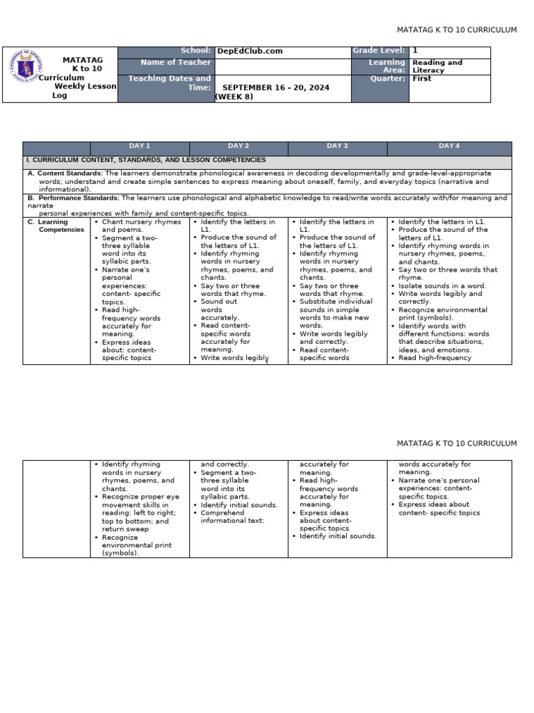 DLL Matatag - Reading&literacy 1 - Q1 - W8 | PDF