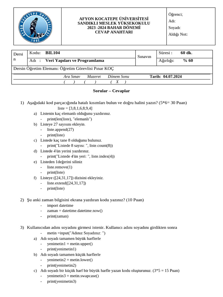 Veri Yapıları Ve Programlama - Cevap Anahtarı | PDF