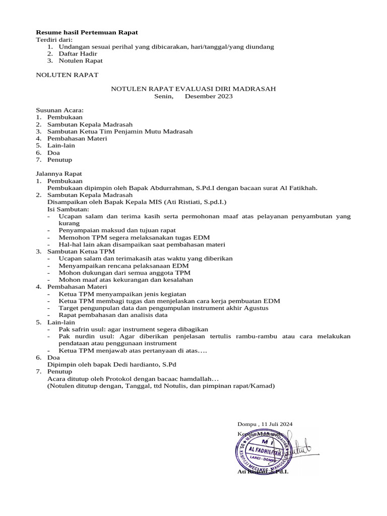 A.7 Resume Hasil Pertemuan Rapat | PDF