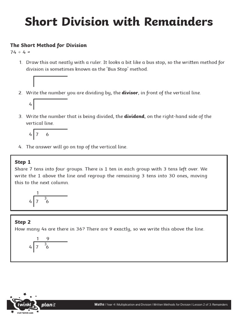 tp2 M 302 Short Method of Division With Remainders Activity Sheets ...