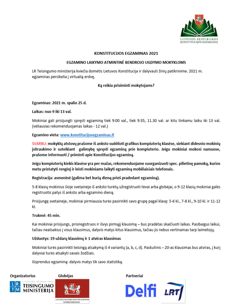 Atmintine Mokykloms - Konstitucijos Egzaminas - 2021!10!18 | PDF