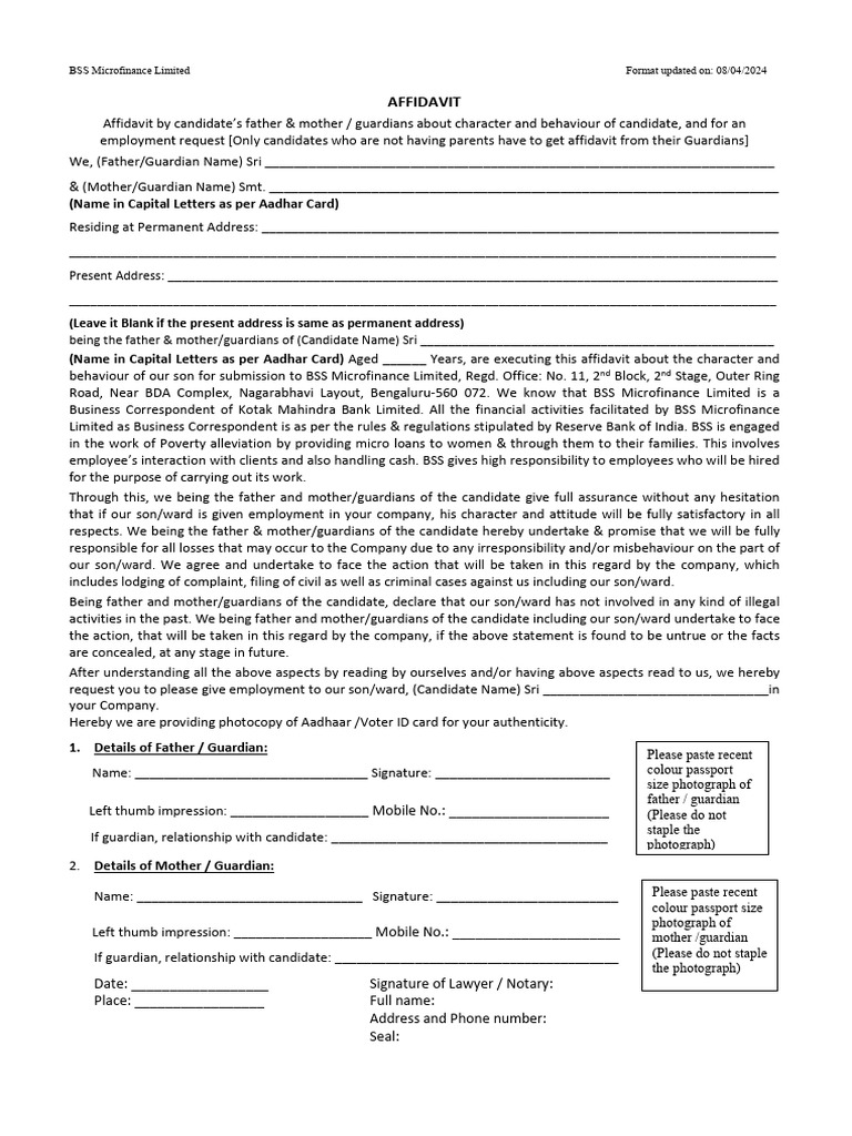 Affidavit BSS Format Candidate Parents. | PDF