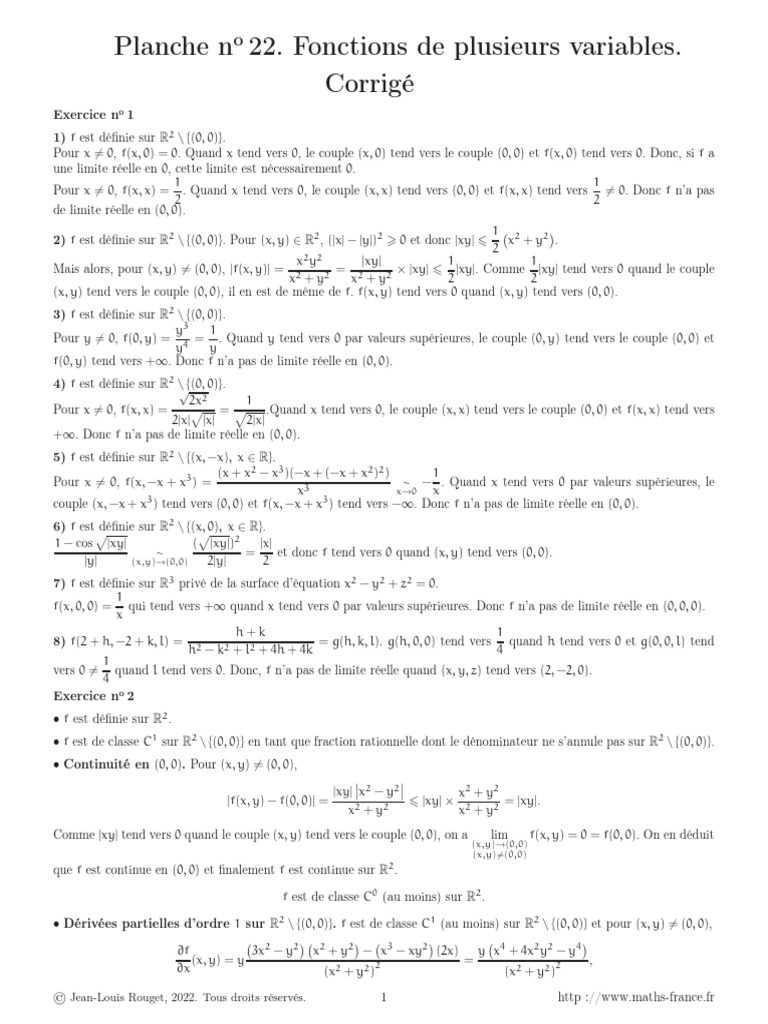22 Fonctions Plusieurs Variables Planche Corriges | PDF