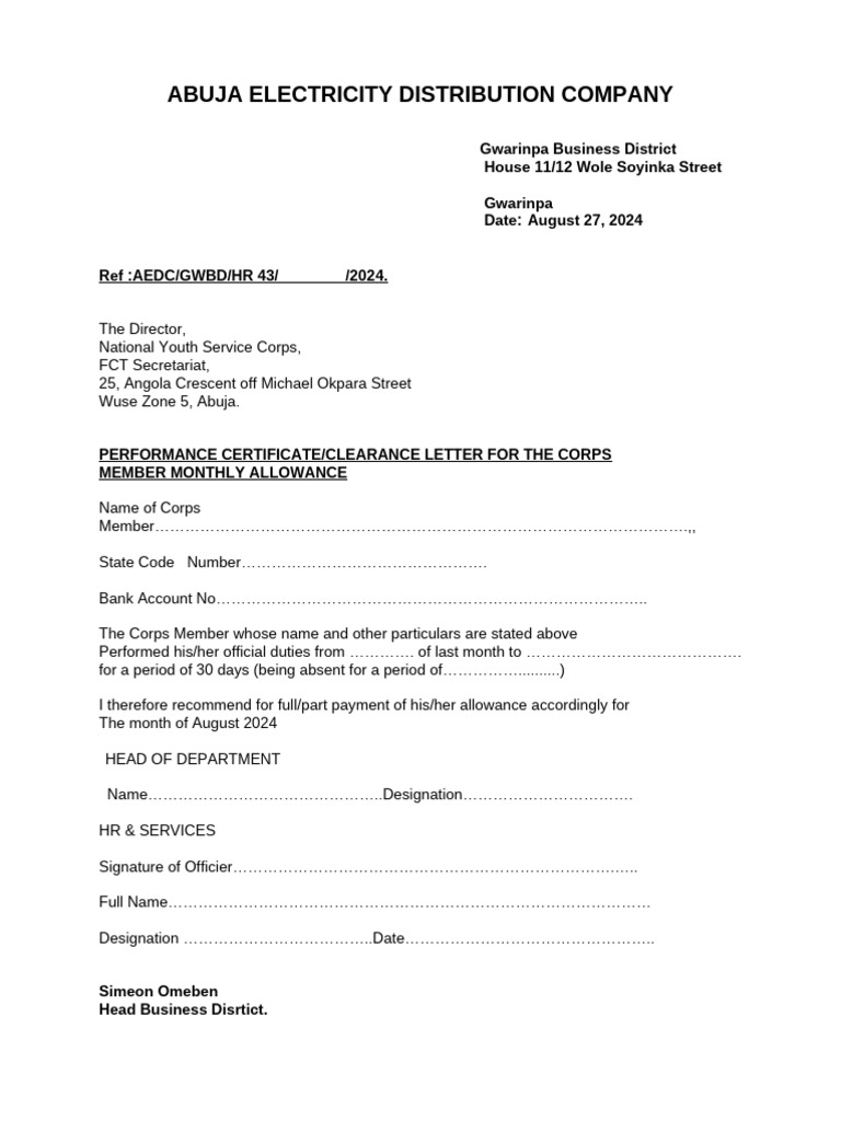 Nysc Monthly Clearance Form 2022-1 | PDF