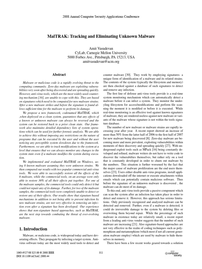 2008 MalTRAK Tracking and Eliminating Unknown Malware | PDF