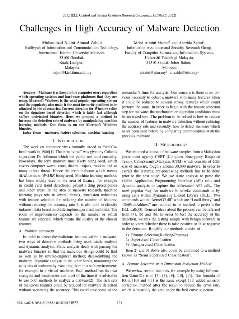 Challenges In High Accuracy Of Malware Detection Pdf