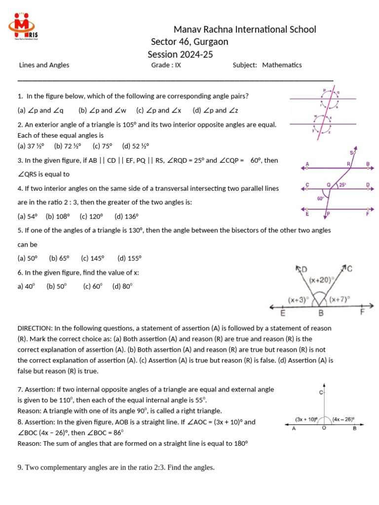 Lines and Angles Worksheet | PDF