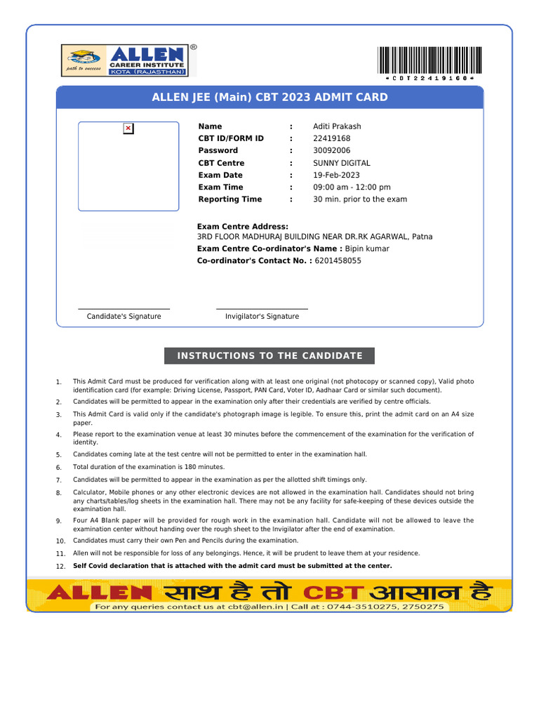 Allen Jee (Main) CBT 2023 Admit Card | PDF