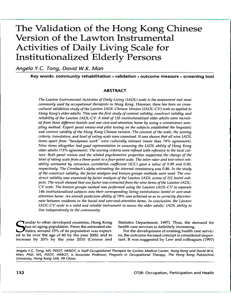 The Validation of The HK Lawton IADL Scale For Institutionalized Elderly Persons | PDF
