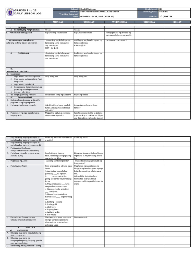 DLL - Filipino 3 - Q2 - W10 | PDF