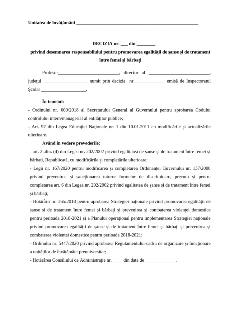 Decizie Numire Responsabil Egalitate de Șanse | PDF