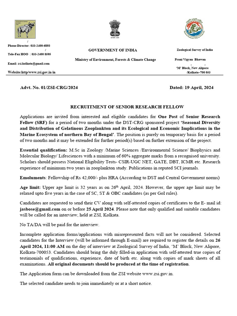 Advertisement For The Recruitment of SRF | PDF